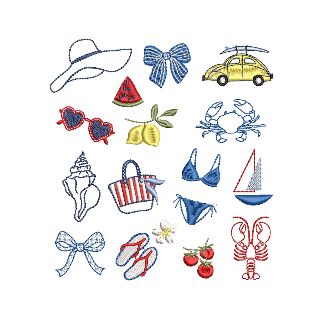 Coastal Machine Embroidery Design Elements, Seashell, Lobster, Bow ...