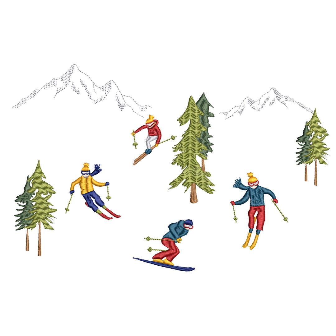 Skiing Christmas Icons Machine Embroidery Design Bundle (digital ZIP ...
