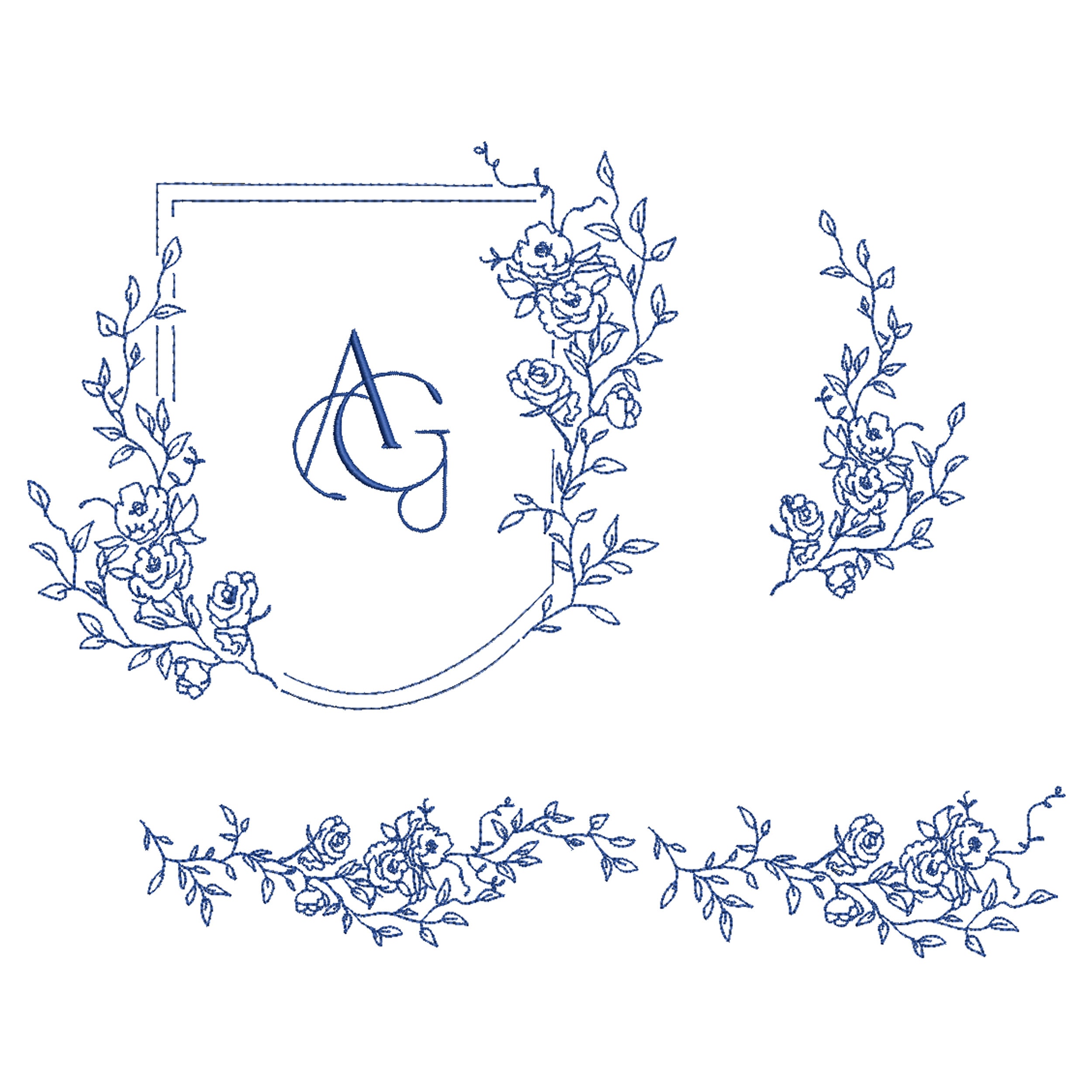 Rose Crest Wreath and Branches Machine Embroidery Design Set, Monogram ...