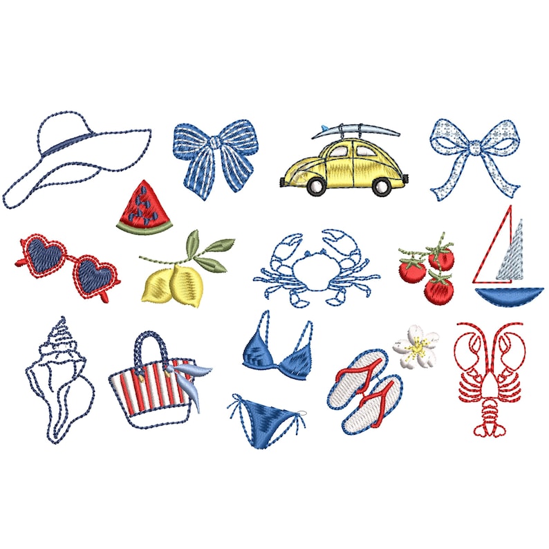 Coastal Machine Embroidery Design Elements, Seashell, Lobster, Bow ...