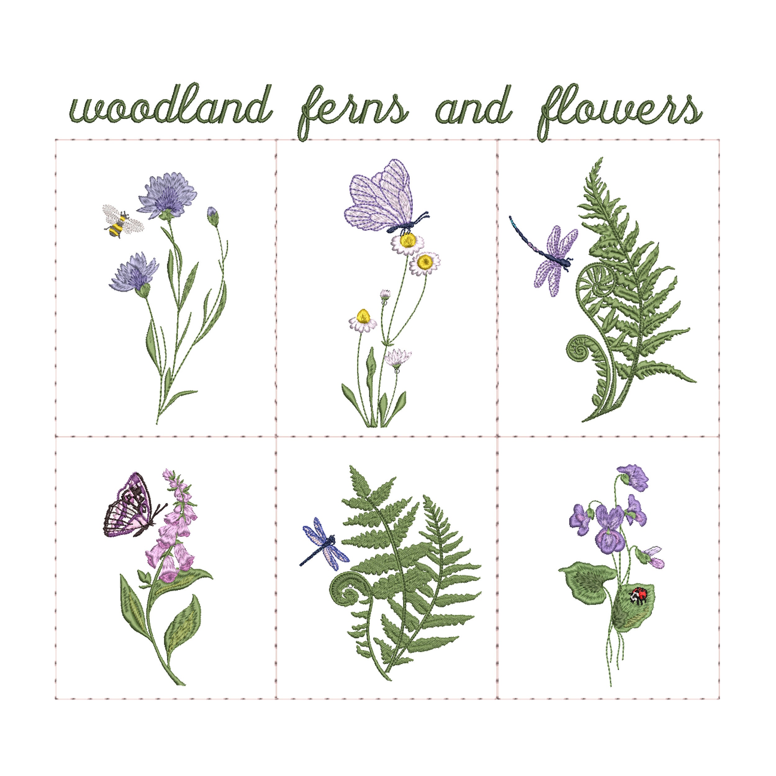 Woodland Fern and Flower Design File Bundle for Machine Embroidery, 7 ...