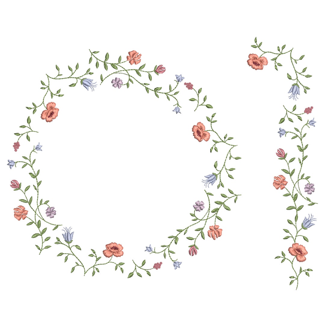 Summer Chintz Floral Wreath Border and Corner Machine Embroidery Design ...