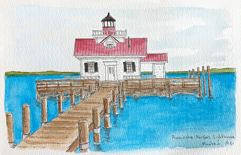 Hand Drawn Watercolor Sketch of the Roanoke Marshes Lighthouse in ...