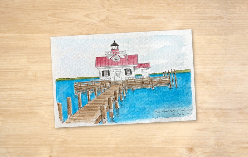 Hand Drawn Watercolor Sketch of the Roanoke Marshes Lighthouse in ...