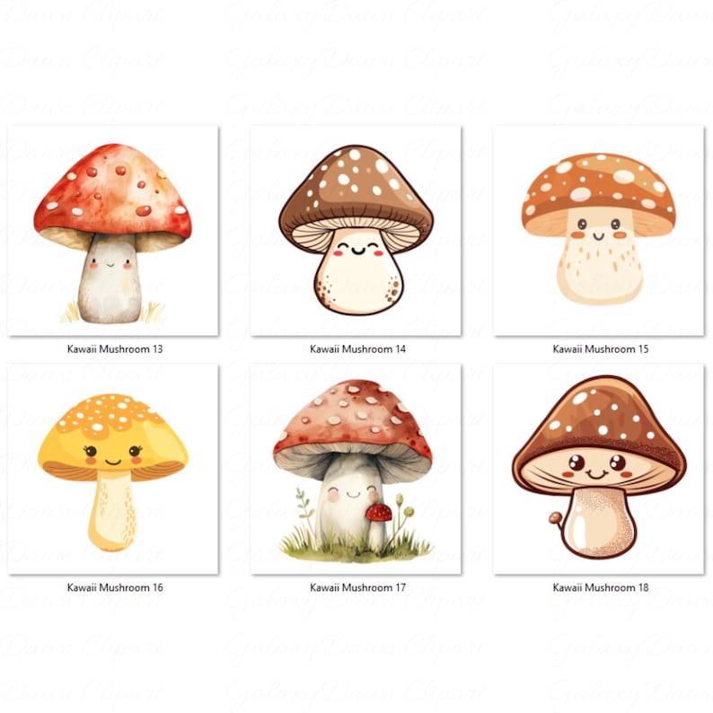 Kawaii Mushroom Clipart, Cute Cartoon Happy Smiling Toadstool Faces PNG ...