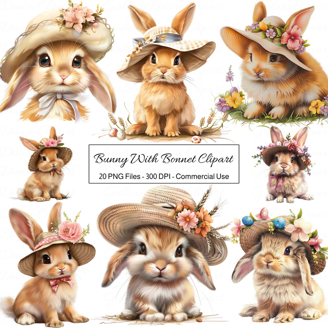Bunny With Bonnet Clipart, Rabbit Wearing Easter Hat PNG, Spring Clip ...