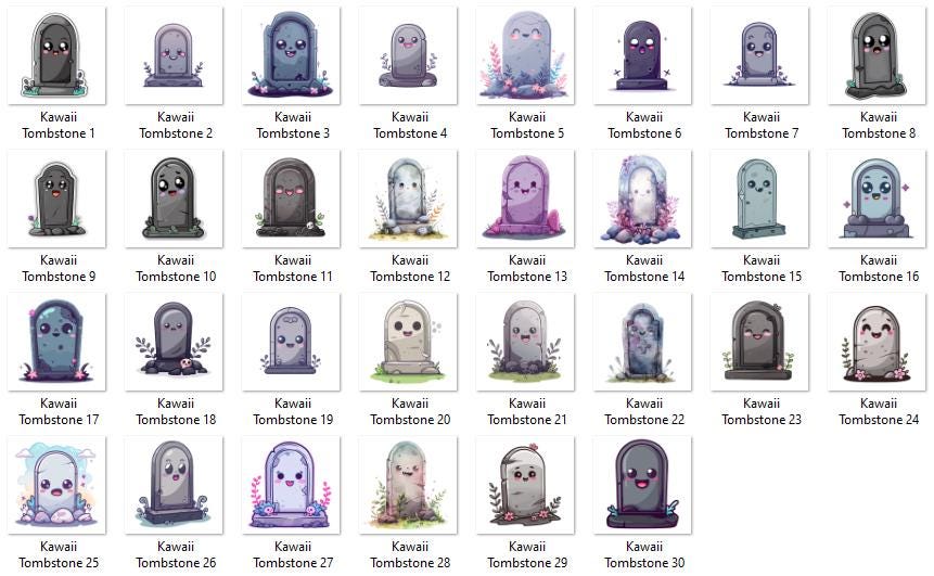 Kawaii Tombstone Clipart, Cute Cartoon Halloween Graveyard Faces PNG ...