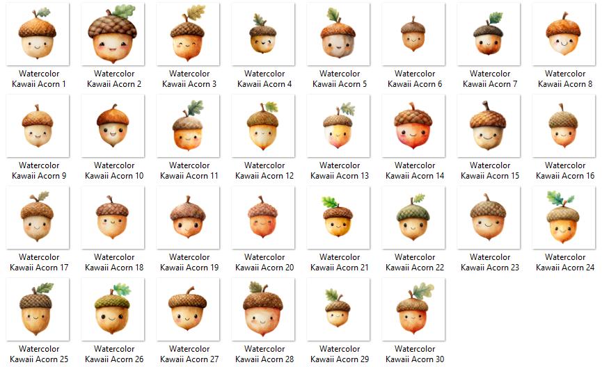 Watercolor Kawaii Acorn Clipart, Cute Cartoon Nut Face PNG, Happy ...