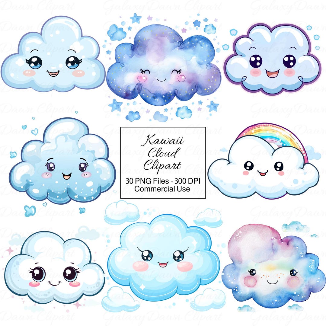 Kawaii Cloud Clipart, Cute Cartoon Weather PNG, Happy Smiling Celestial ...
