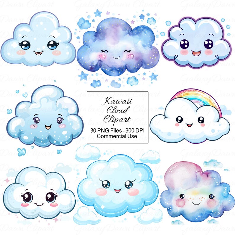 Kawaii Cloud Clipart, Cute Cartoon Weather PNG, Happy Smiling Celestial ...