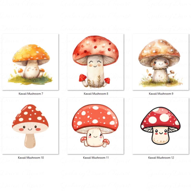 Kawaii Mushroom Clipart, Cute Cartoon Happy Smiling Toadstool Faces PNG ...