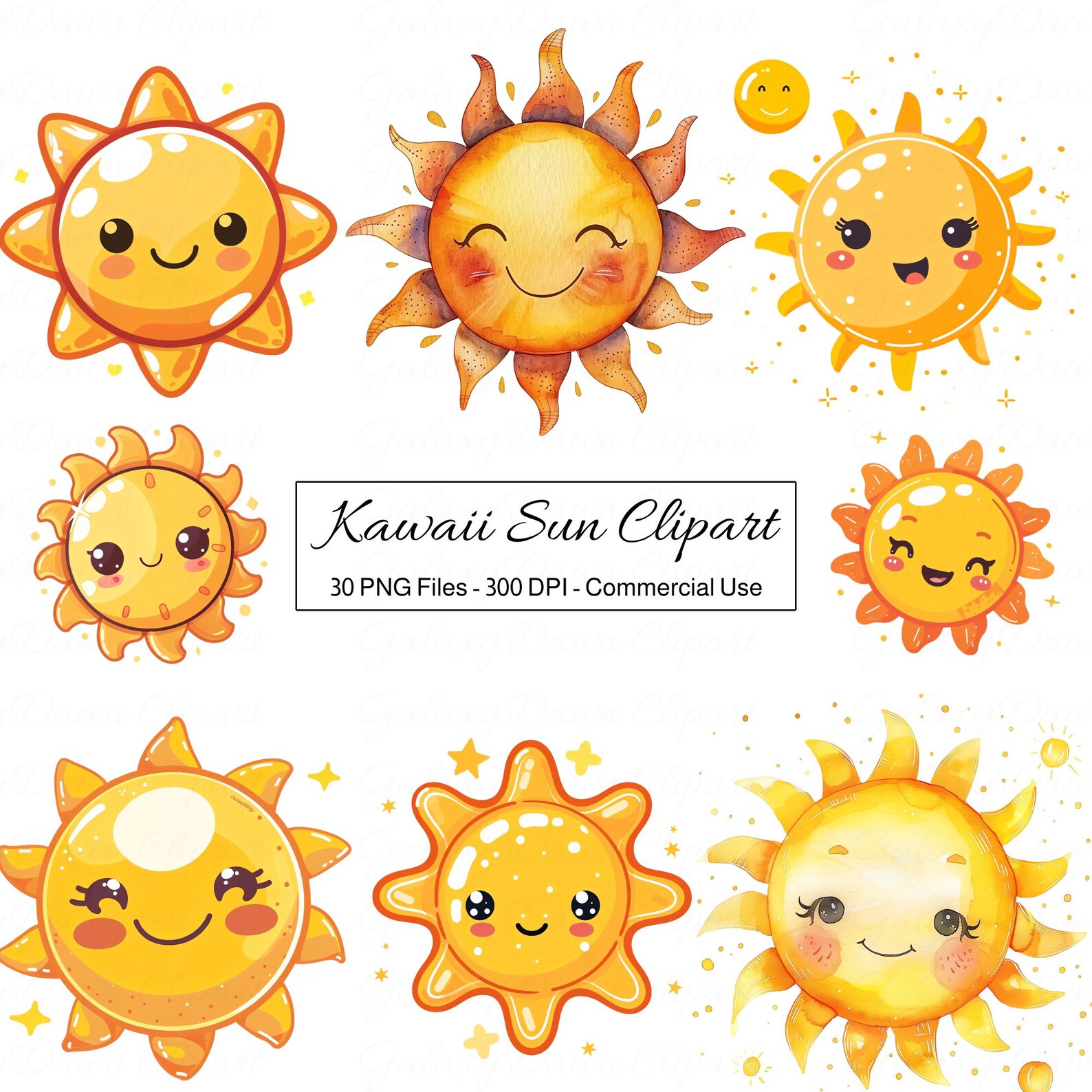 Kawaii Sun Clipart, Cute Cartoon Sunshine Rays PNG, Yellow Orange ...