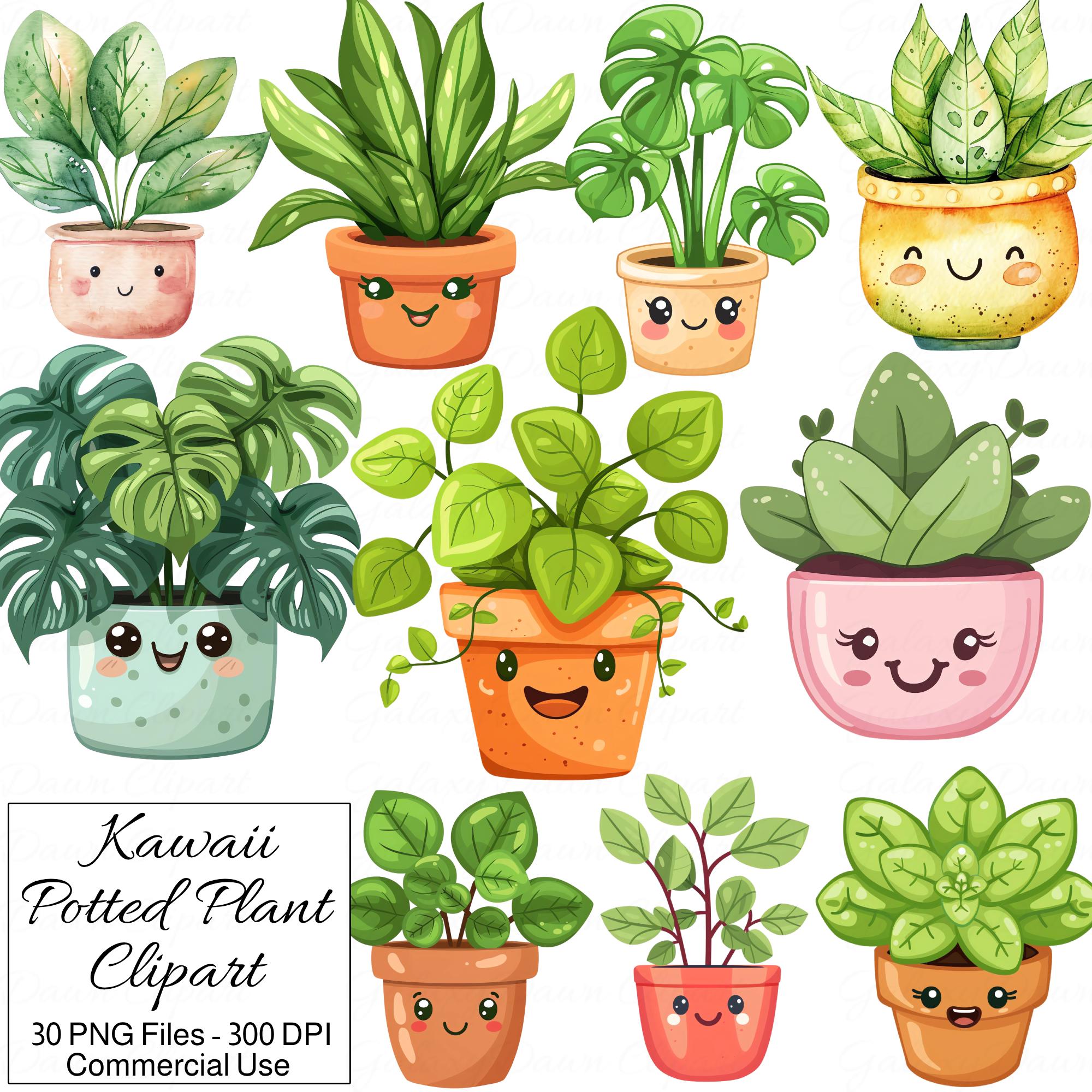 Kawaii Potted Plant Clipart, Happy Smiling Cute Cartoon House Plants ...