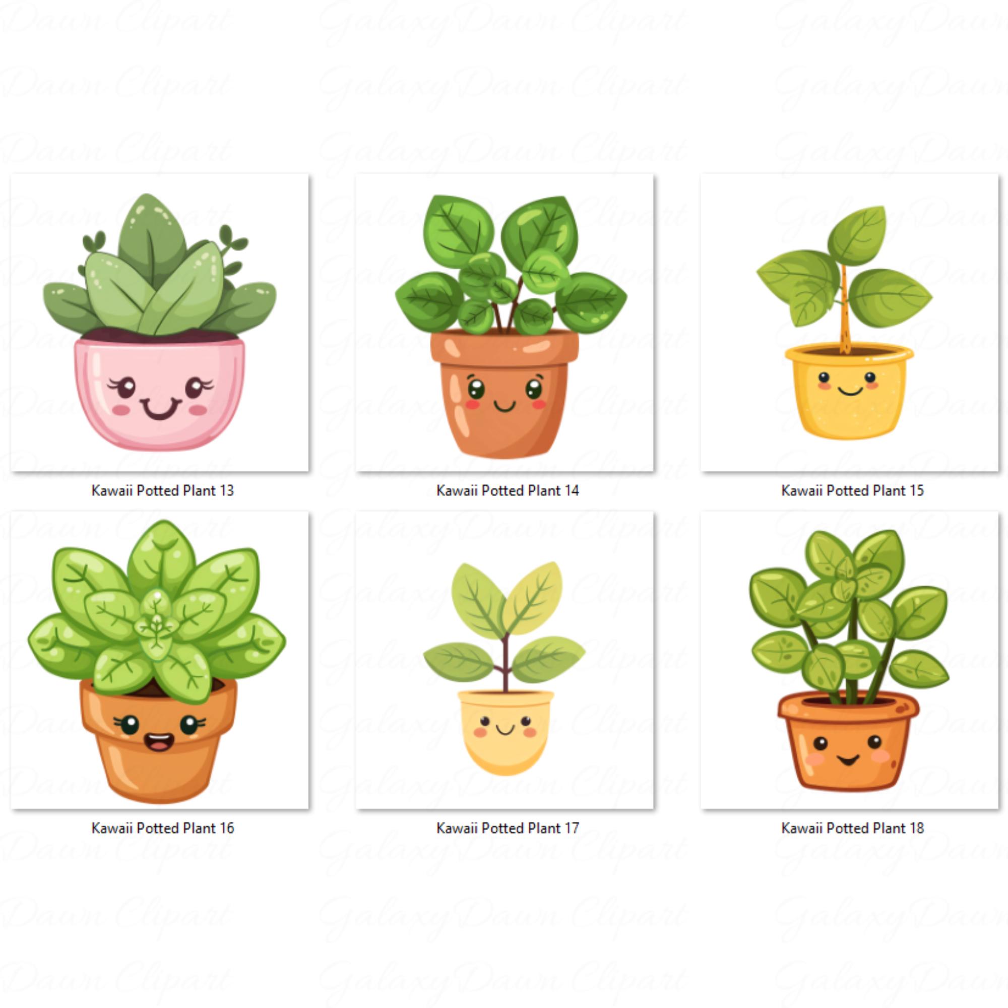 Kawaii Potted Plant Clipart, Happy Smiling Cute Cartoon House Plants ...