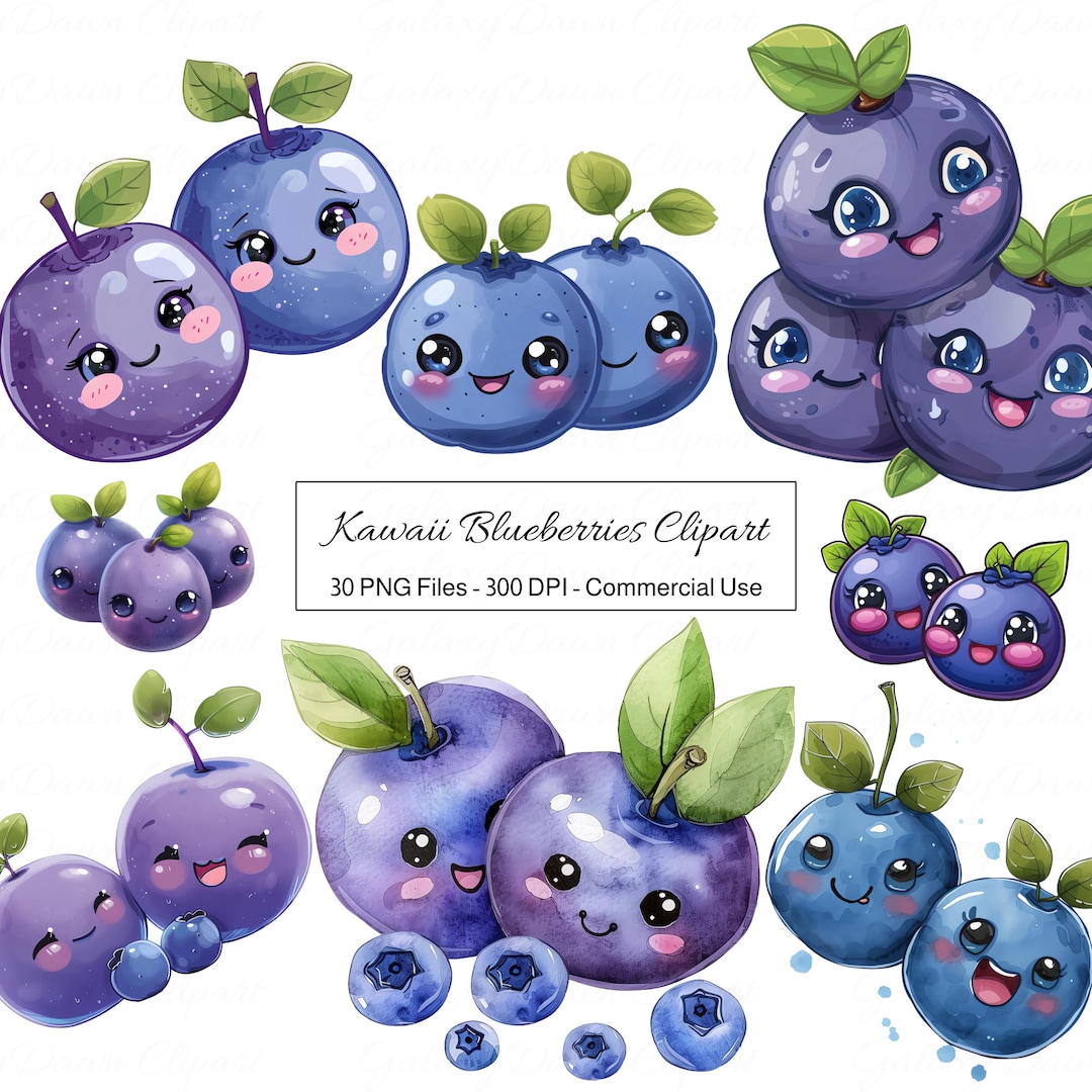 Kawaii Blueberries Clipart, Cute Cartoon Blueberry PNG, Summer Fruit ...