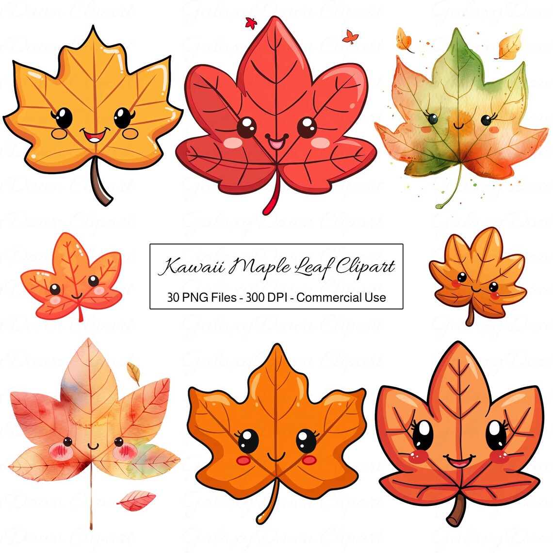 Kawaii Maple Leaf Clipart, Cute Cartoon Happy Smiling Fall Autumn Faces ...