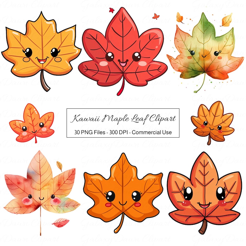 Kawaii Maple Leaf Clipart, Cute Cartoon Happy Smiling Fall Autumn Faces ...