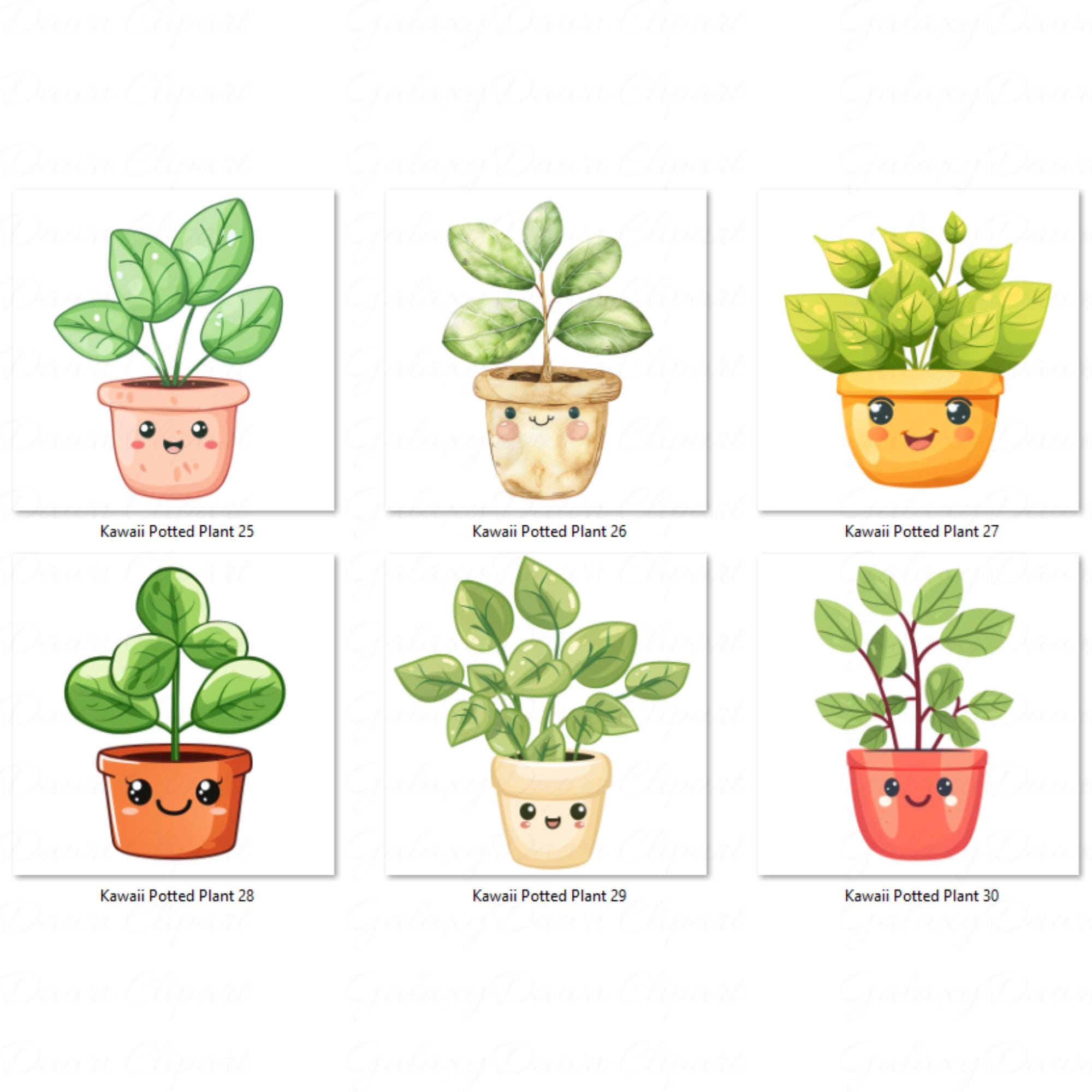 Kawaii Potted Plant Clipart, Happy Smiling Cute Cartoon House Plants ...