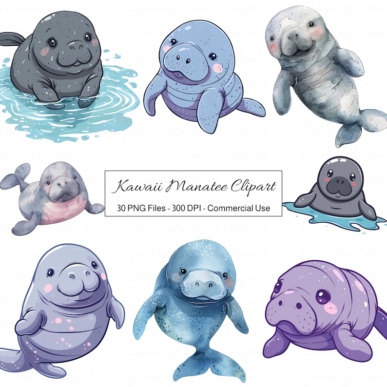 Kawaii Manatee Clipart, Cute Cartoon Deep Sea Cow PNG, Aquatic Happy ...
