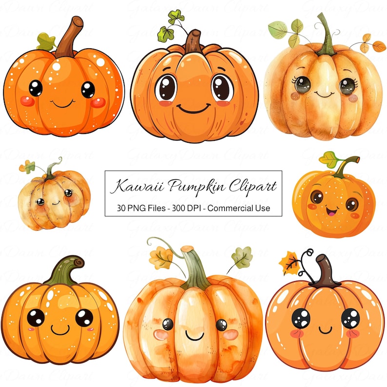 Kawaii Pumpkin Clipart, Cute Cartoon Fall Autumn PNG, Halloween ...