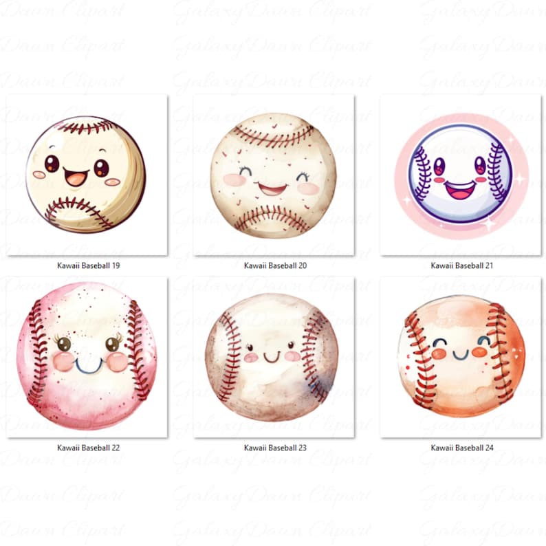 Kawaii Baseball Clipart, Cute Cartoon Base Ball PNG Bundle, Happy ...
