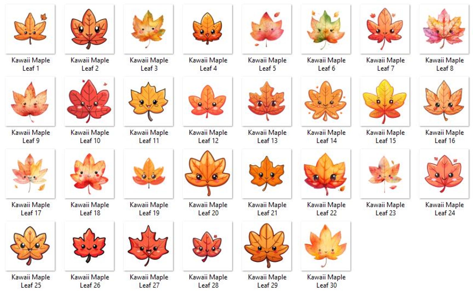 Kawaii Maple Leaf Clipart, Cute Cartoon Happy Smiling Fall Autumn Faces ...