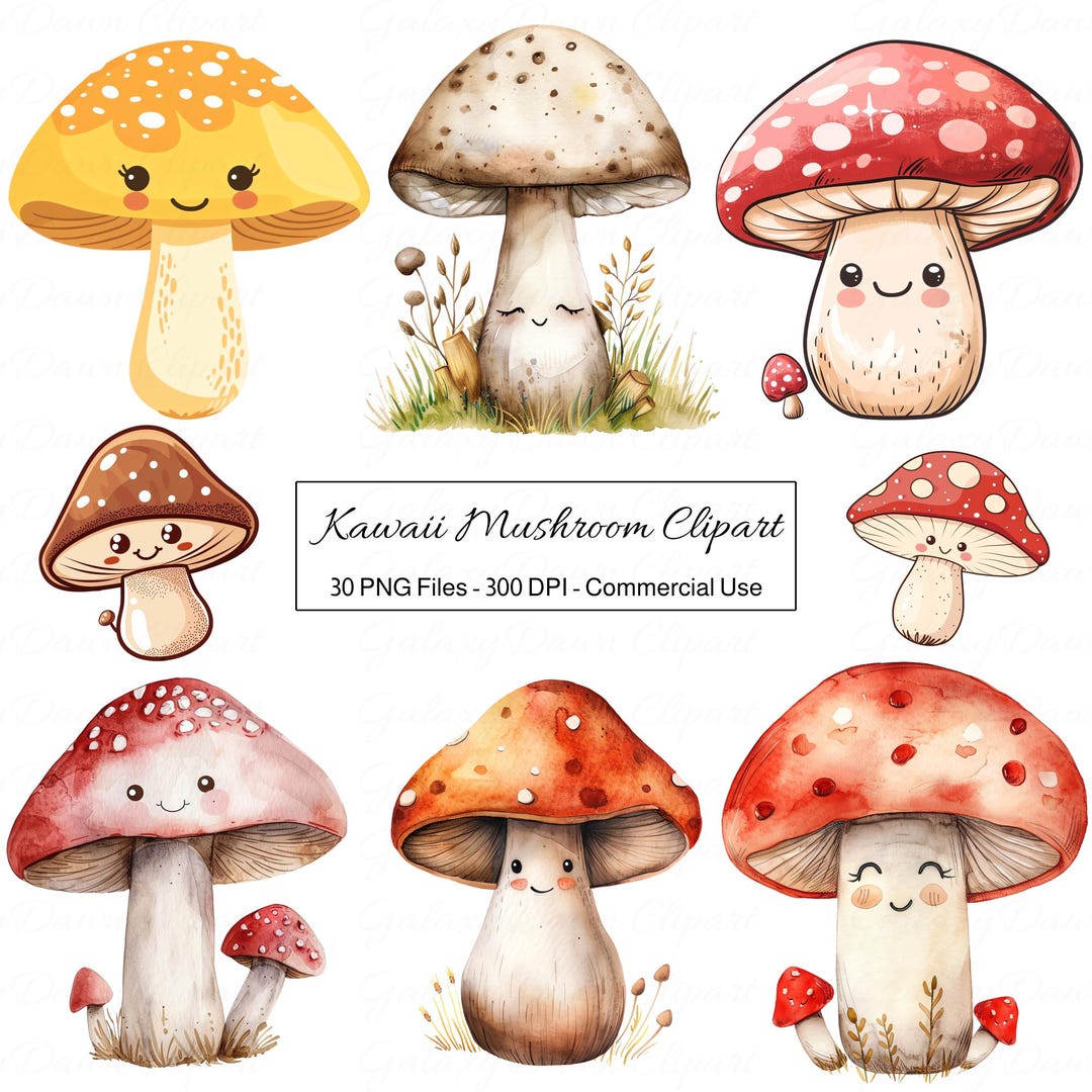 Kawaii Mushroom Clipart, Cute Cartoon Happy Smiling Toadstool Faces PNG ...