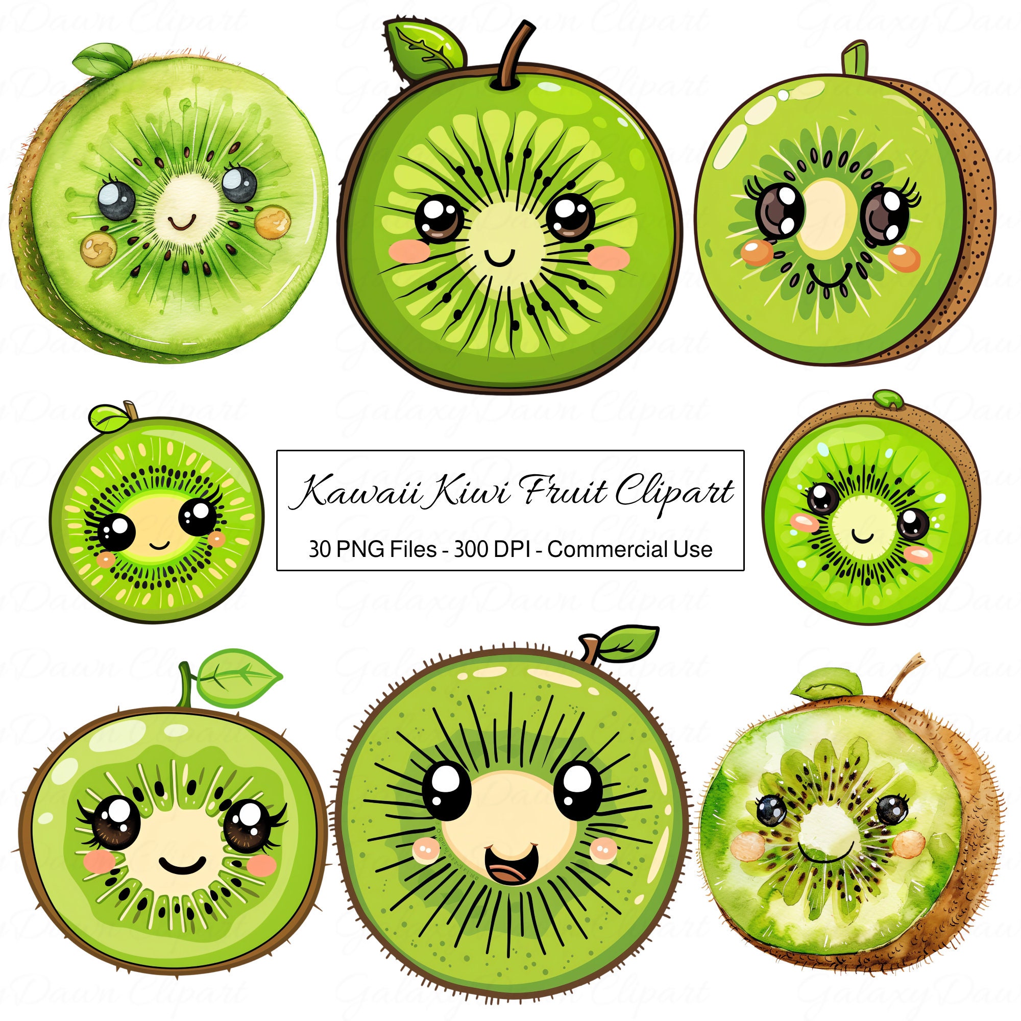 Kawaii Kiwi Fruit Clipart: PNG Graphics Set, 30 Images, Digital ...