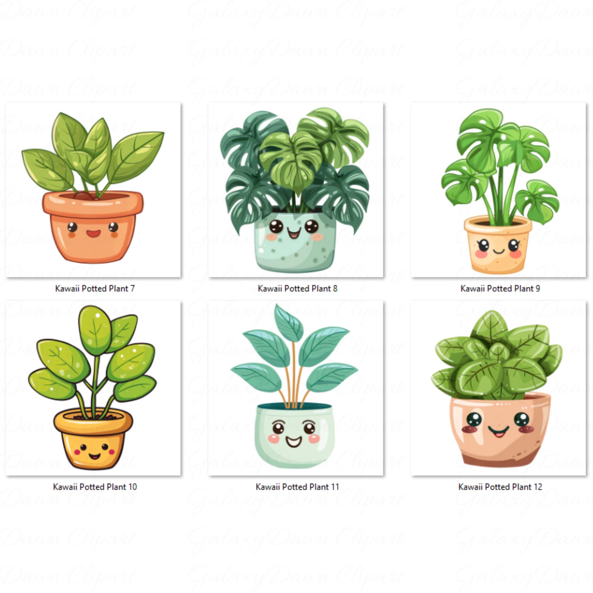 Kawaii Potted Plant Clipart, Happy Smiling Cute Cartoon House Plants ...