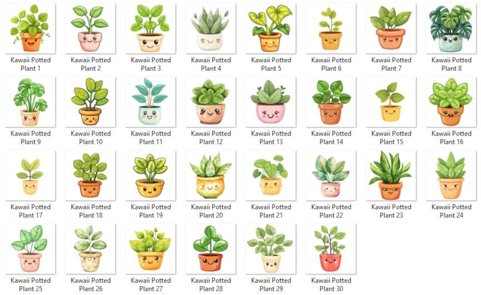 Kawaii Potted Plant Clipart, Happy Smiling Cute Cartoon House Plants ...