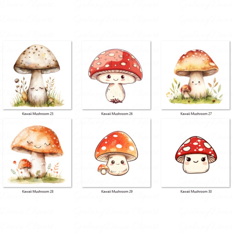 Kawaii Mushroom Clipart, Cute Cartoon Happy Smiling Toadstool Faces PNG ...