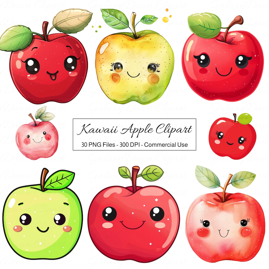 Kawaii Apple Clipart, Cute Cartoon Fruit Face PNG, Happy Fun Character ...