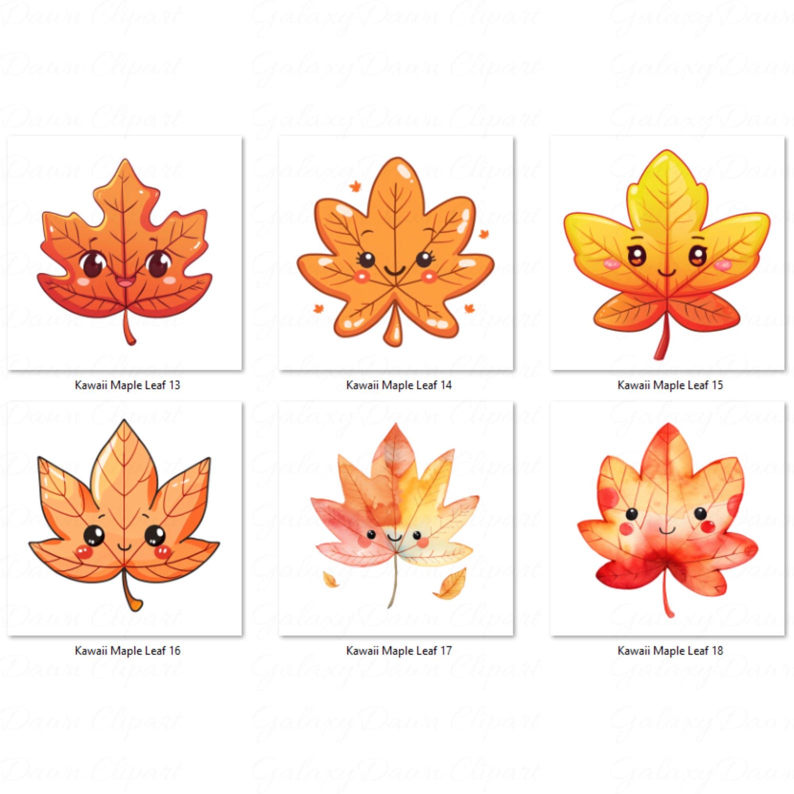 Kawaii Maple Leaf Clipart, Cute Cartoon Happy Smiling Fall Autumn Faces ...