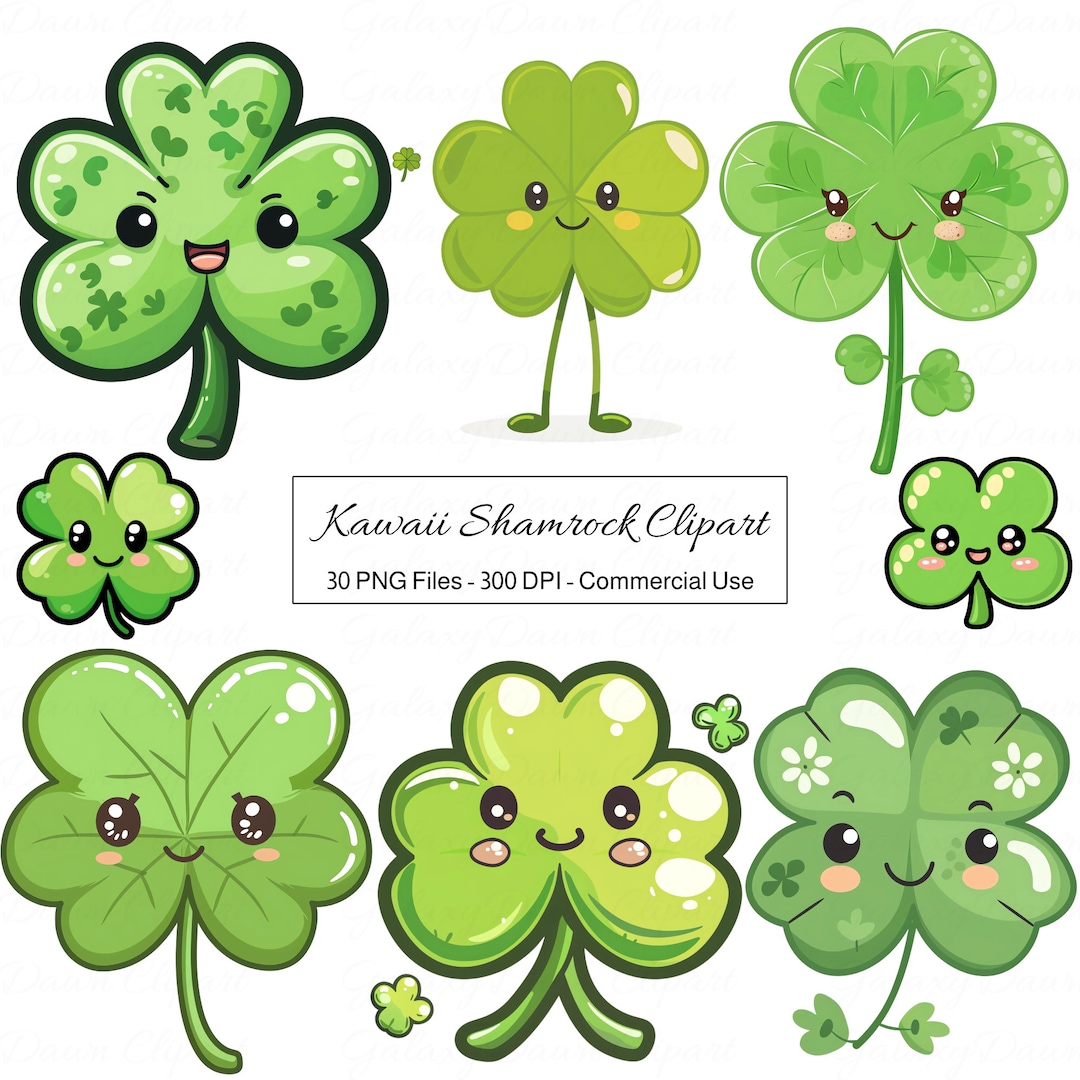 Kawaii Shamrock Clipart, Clover PNG, 4 Four Leaf Clover Clip Art, St ...