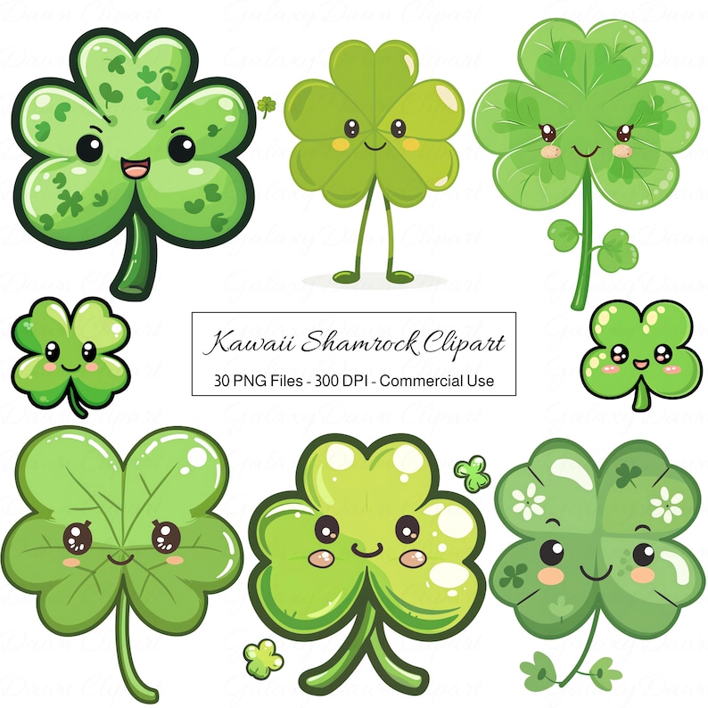 Kawaii Shamrock Clipart, Clover PNG, 4 Four Leaf Clover Clip Art, St ...