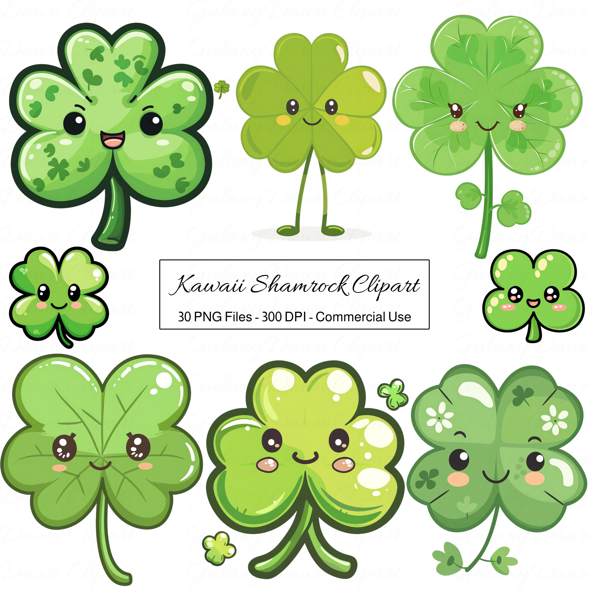 Kawaii Shamrock Clipart, Clover PNG, 4 Four Leaf Clover Clip Art, St ...