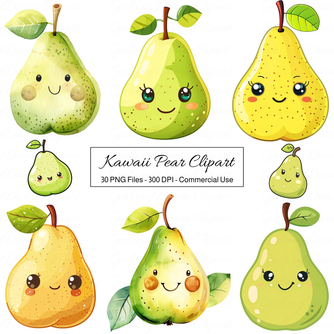 Kawaii Pear Clipart, Cute Cartoon Fruit PNG, Food With Faces Clip Art ...