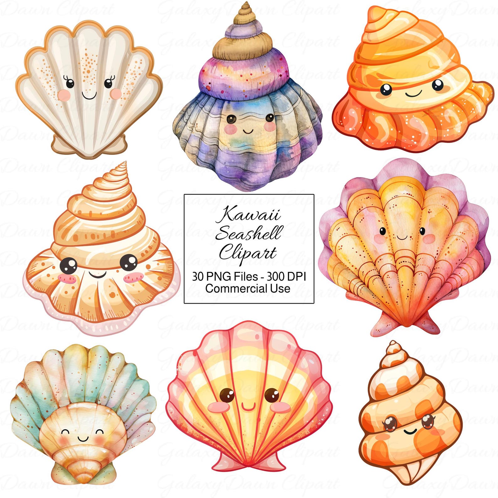 Kawaii Seashell Clipart, Cute Cartoon Sea Shell Faces PNG, Happy ...