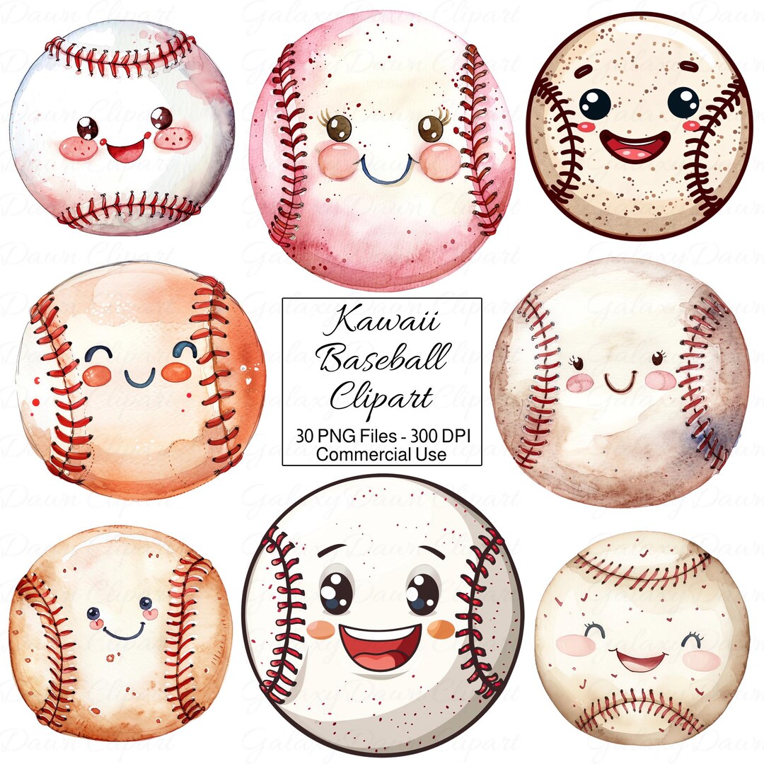 Kawaii Baseball Clipart, Cute Cartoon Base Ball PNG Bundle, Happy ...