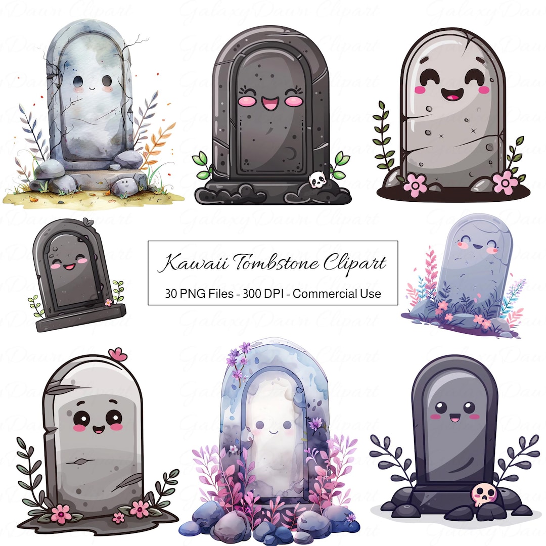 Kawaii Tombstone Clipart, Cute Cartoon Halloween Graveyard Faces PNG ...