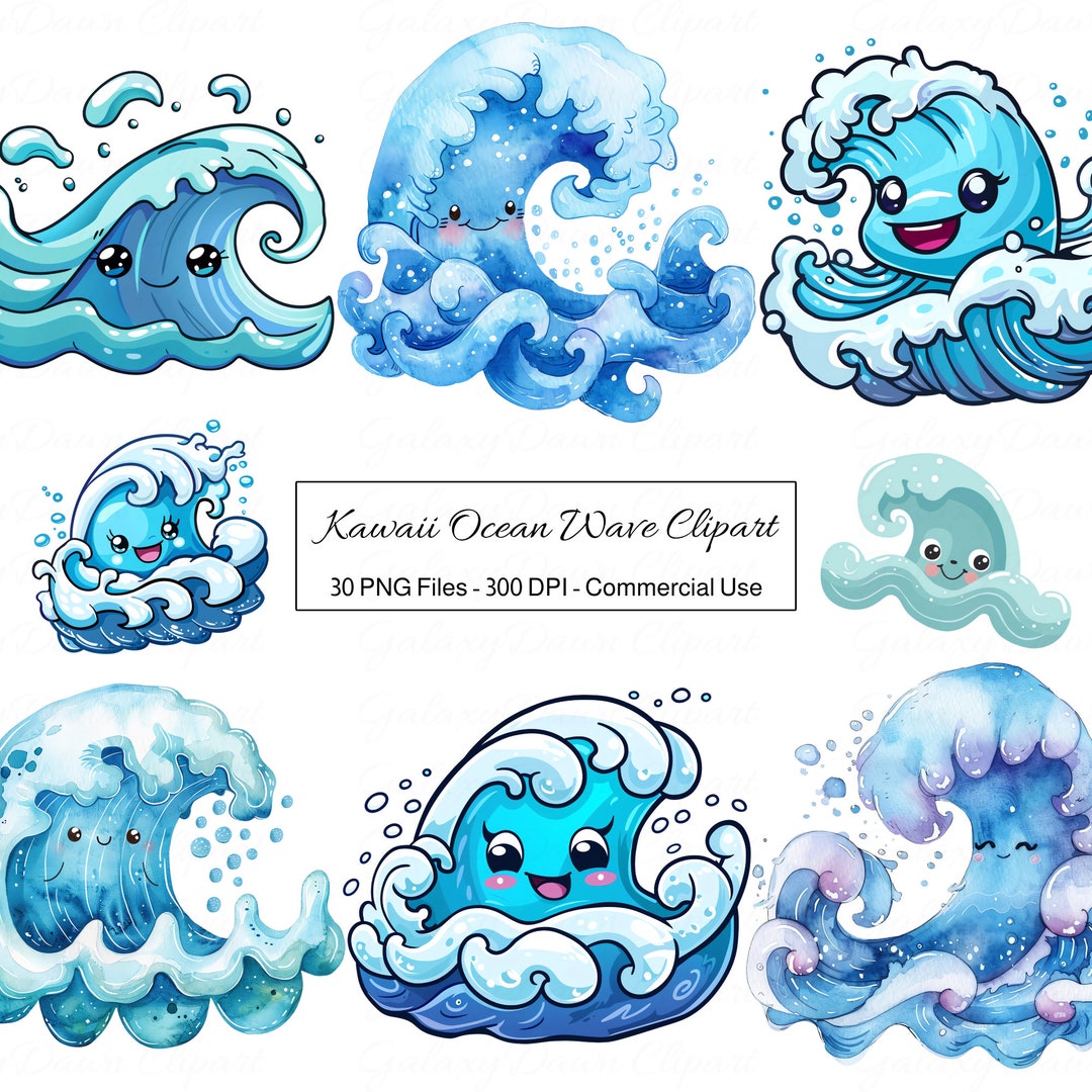 Kawaii Ocean Wave Clipart, Cute Cartoon Tropical Sea PNG, Summer ...