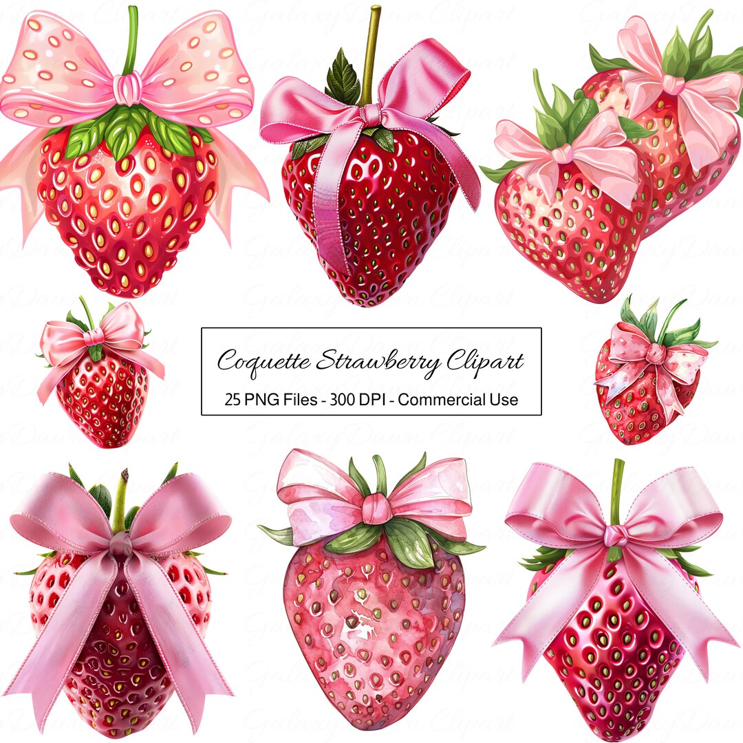 Coquette Strawberry Clipart, Fruit With Pink Bow Ribbon PNG, Feminine ...