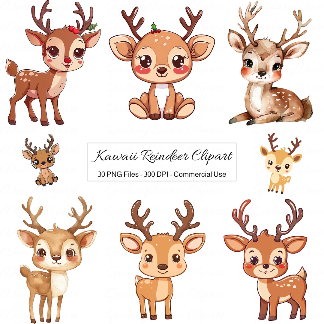 Kawaii Reindeer Clipart, Happy Smiling Cute Cartoon Deer PNG, Winter ...
