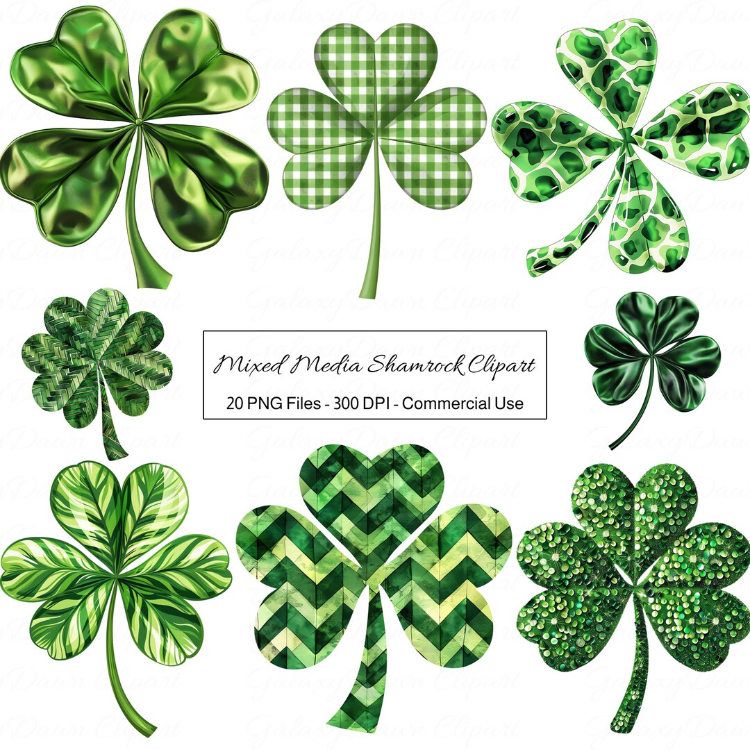 Mixed Media Shamrock Clipart, 4 Four Leaf Clover PNG, St Patricks Day ...