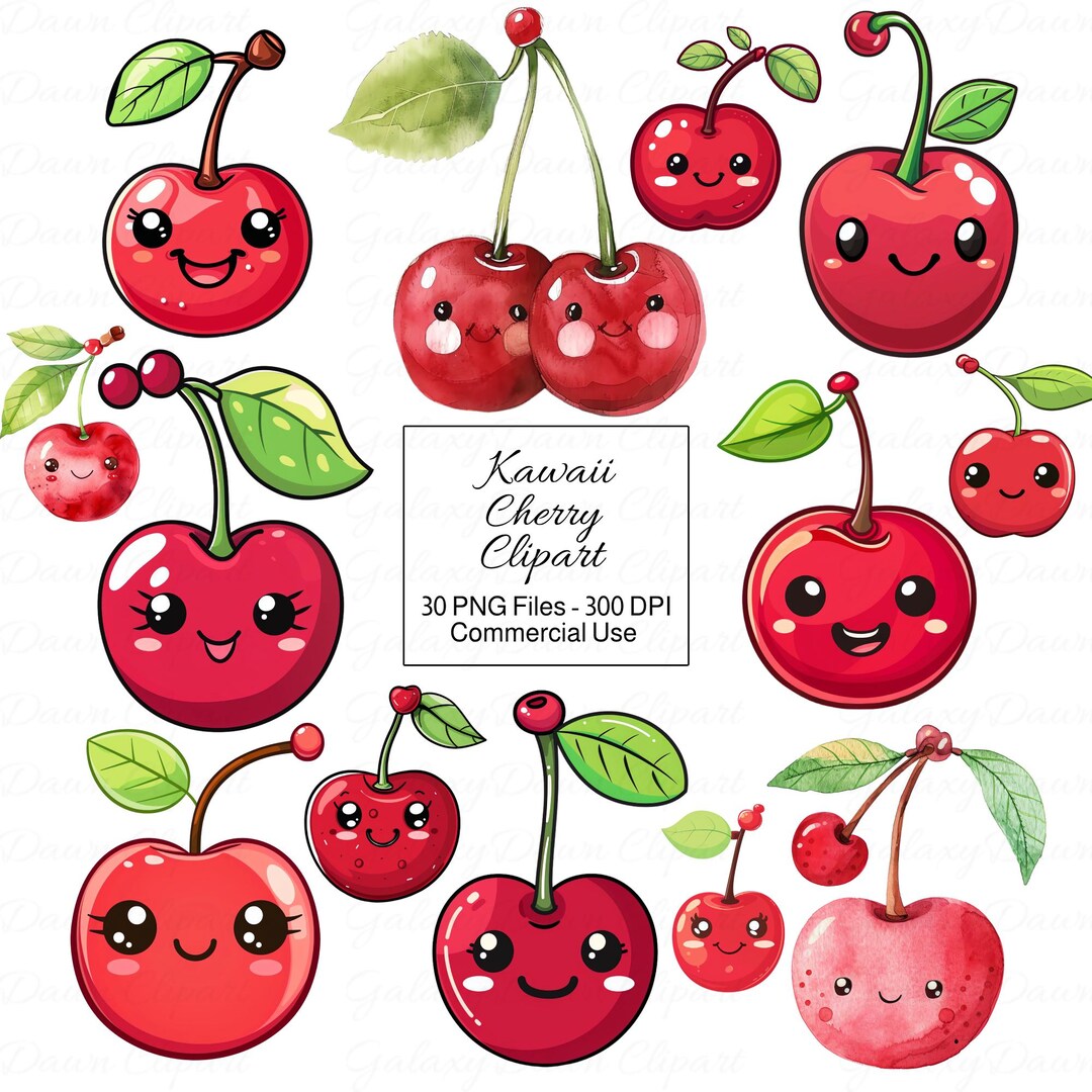 Kawaii Cherry Clipart, Cute Cartoon Fruit Face PNG, Happy Smiling Red ...