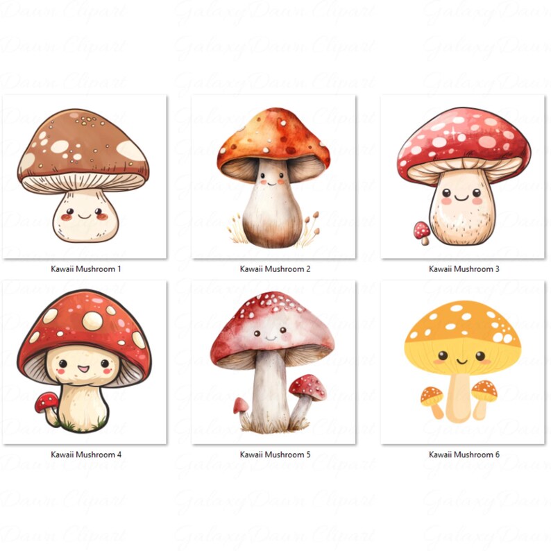 Kawaii Mushroom Clipart, Cute Cartoon Happy Smiling Toadstool Faces PNG ...