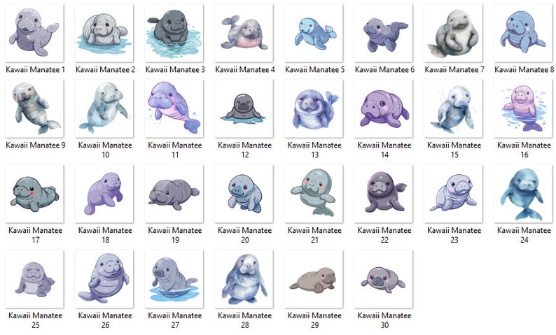 Kawaii Manatee Clipart: PNG Graphics Set, 30 Images, Digital Download ...