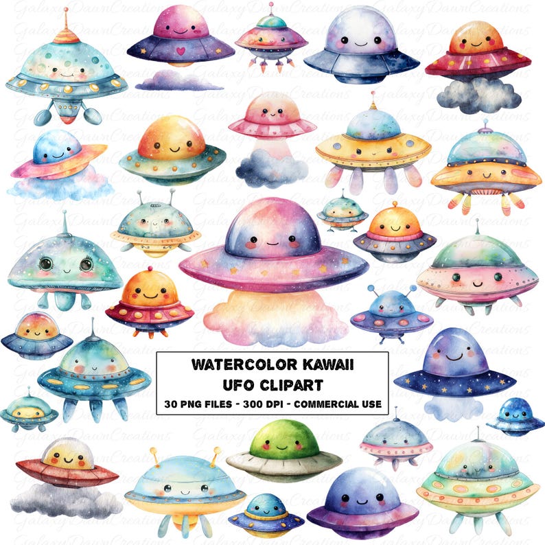 Watercolor Kawaii UFO Clipart: PNG Graphics Set, 30 Images, Digital ...
