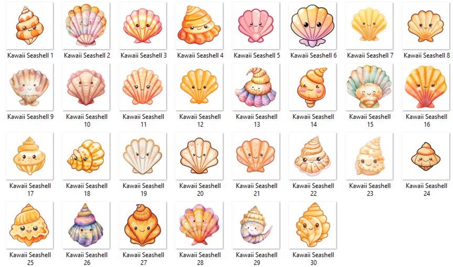 Kawaii Seashell Clipart, Cute Cartoon Sea Shell Faces PNG, Happy ...