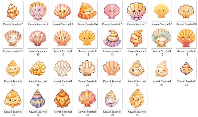 Kawaii Seashell Clipart, Cute Cartoon Sea Shell Faces PNG, Happy ...